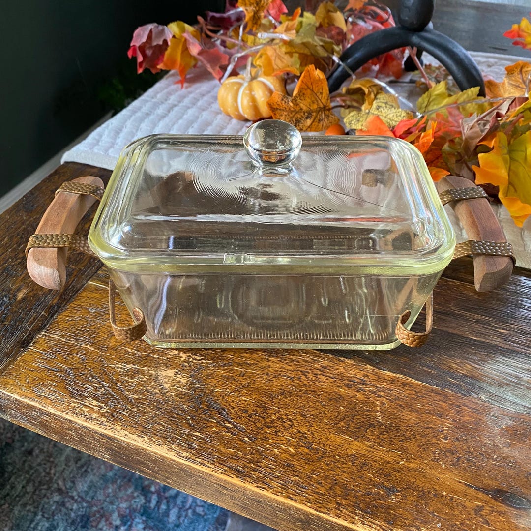 Vtg MCM Glasbake USA Casserole Dish W/ Lid in Copper and Wood ...