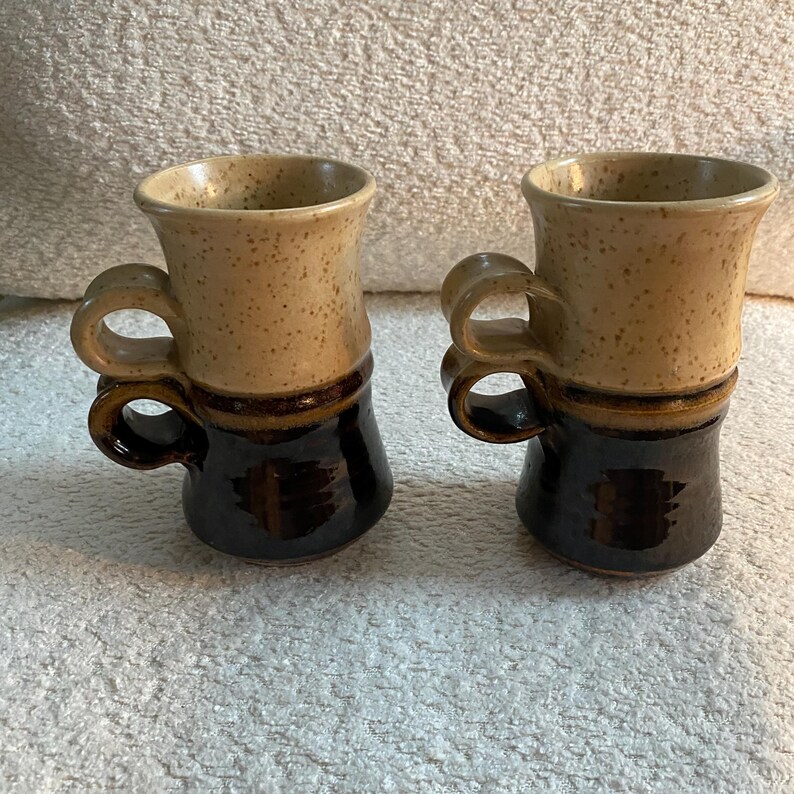 Vintage Mid Century Pair Stoneware Pottery Mugs Double Handle Browns ...