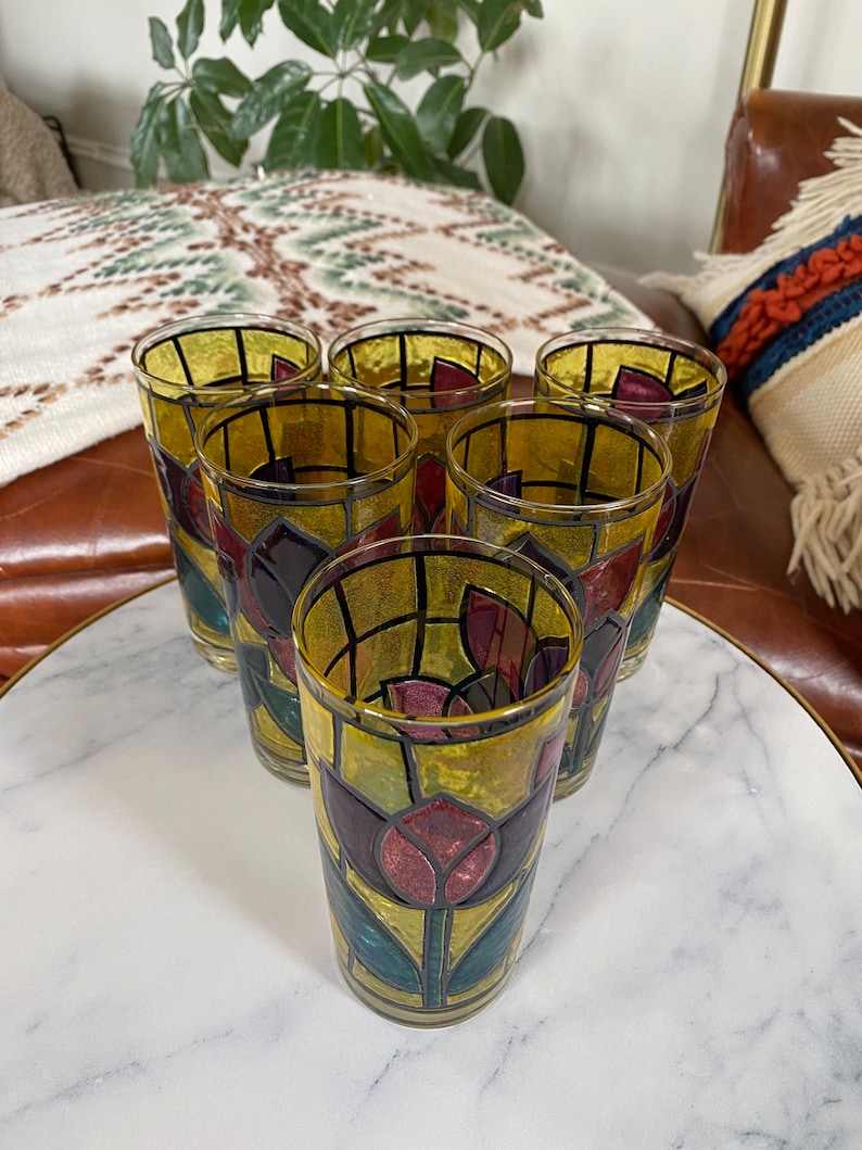 Vintage MCM Drinking Glasses Set of 6 Floral Stained Glass - Etsy