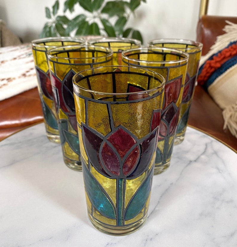 Vintage MCM Drinking Glasses Set of 6 Floral Stained Glass - Etsy