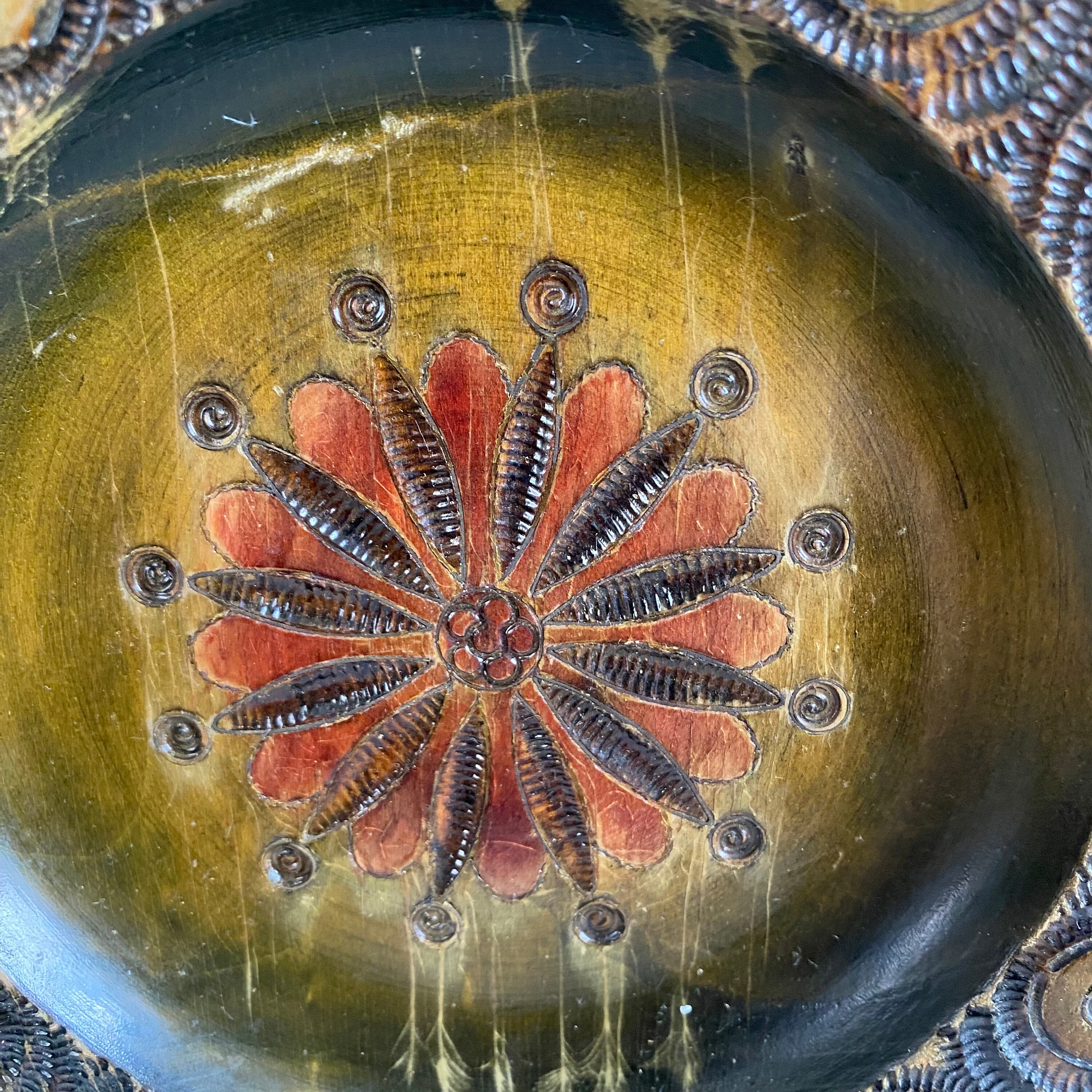 Vintage MCM Hand Carved Wooden Plate Flowers Folk Art Wall Hanging MCM ...