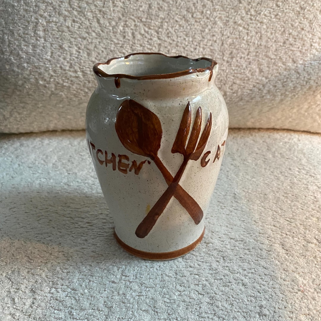 Vintage 70s Stoneware Ceramic Pottery Kitchen Catcher Utensils Jar ...