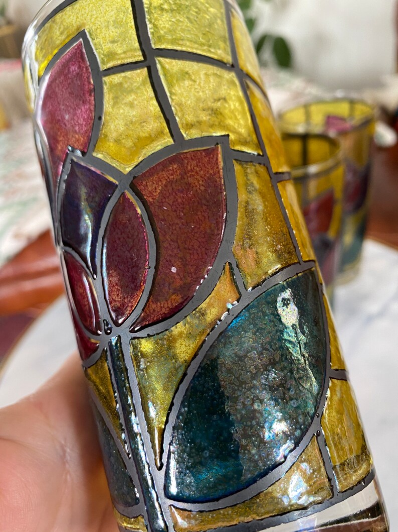 Vintage MCM Drinking Glasses Set of 6 Floral Stained Glass - Etsy