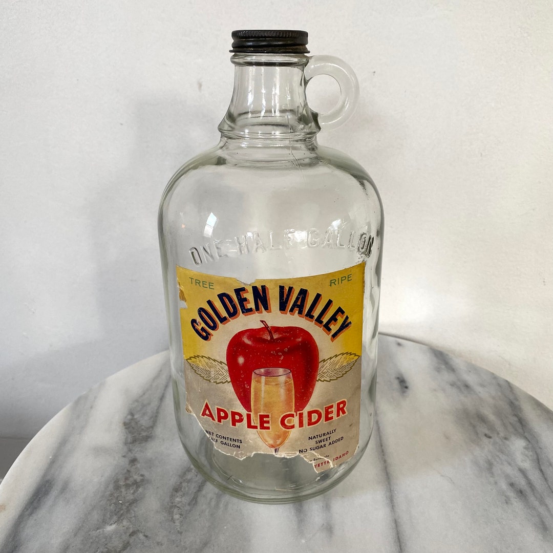 Vtg Glass Jug Bottle With Finger Handle, Golden Valley Apple Cider Jug ...