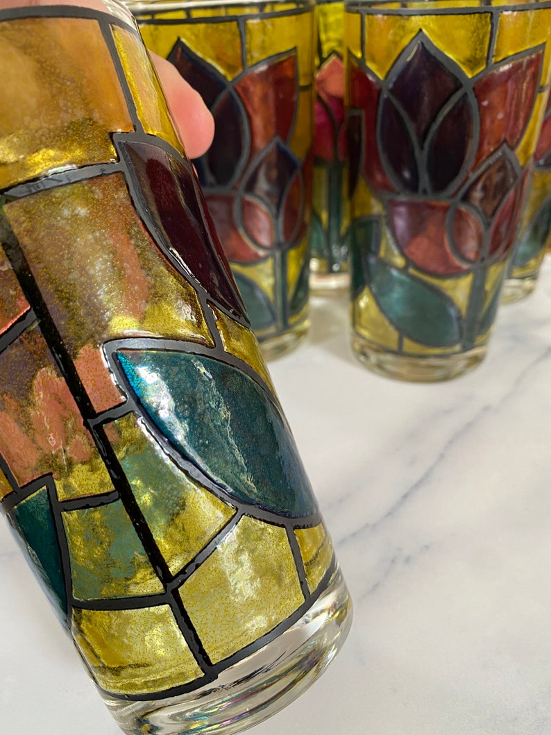 Vintage MCM Drinking Glasses Set of 6 Floral Stained Glass - Etsy