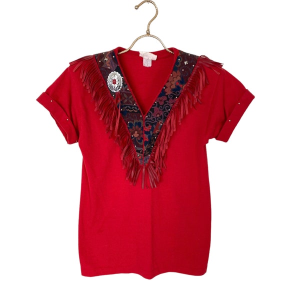 Vintage 1980s / 1990s Red Western Rodeo Tshirt w/ Red… - Gem