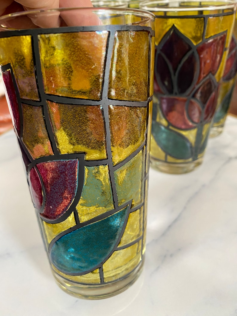 Vintage MCM Drinking Glasses Set of 6 Floral Stained Glass - Etsy