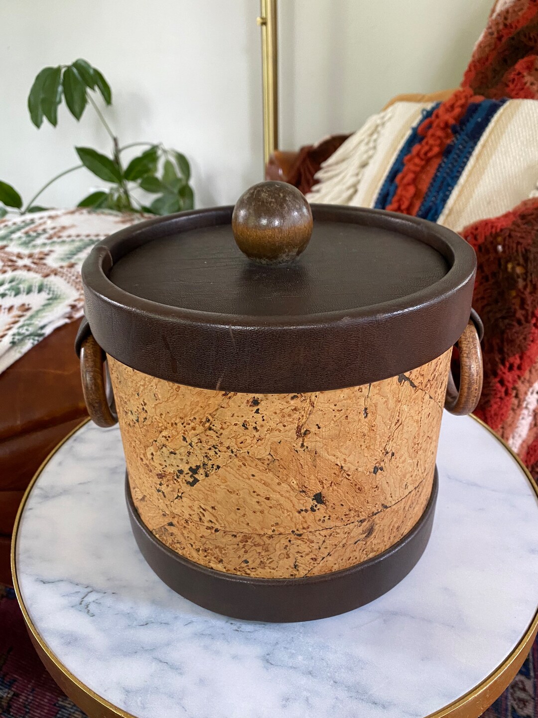 Vintage Elmar Ice Bucket Brown Vinyl Cork Faux Leather Body Teak Knob ...