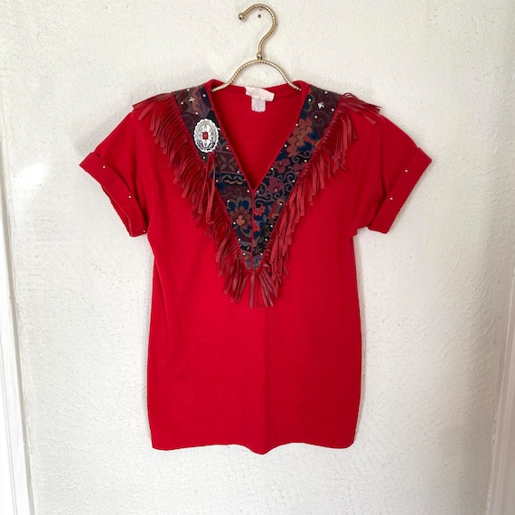 Vintage 1980s / 1990s Red Western Rodeo Tshirt w/ Red… - Gem