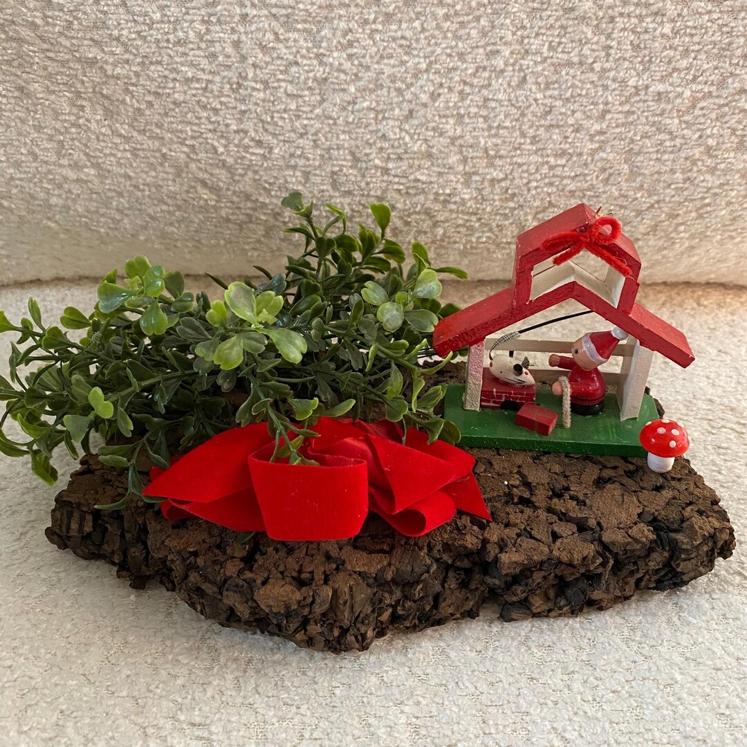 Vintage MCM Kitsch Christmas Decor Santa Workshop on Cork Mushroom ...