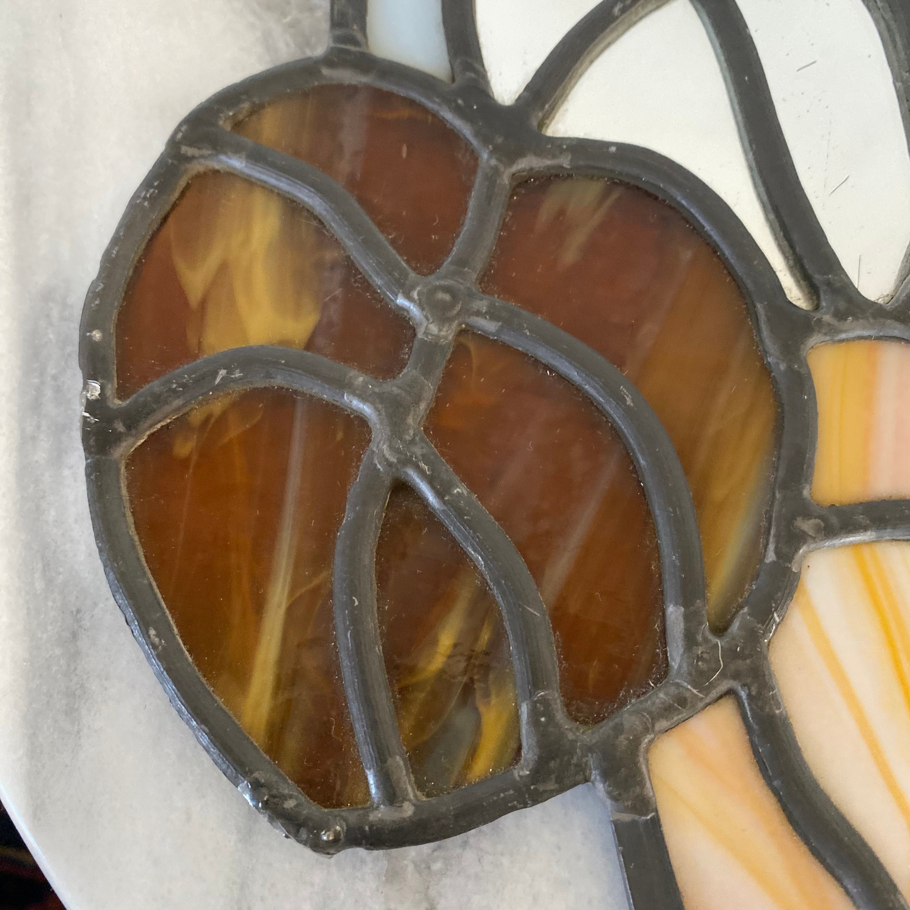 Vintage Round Tiffany Style Stained Glass Mirror Leaf Design Brown ...