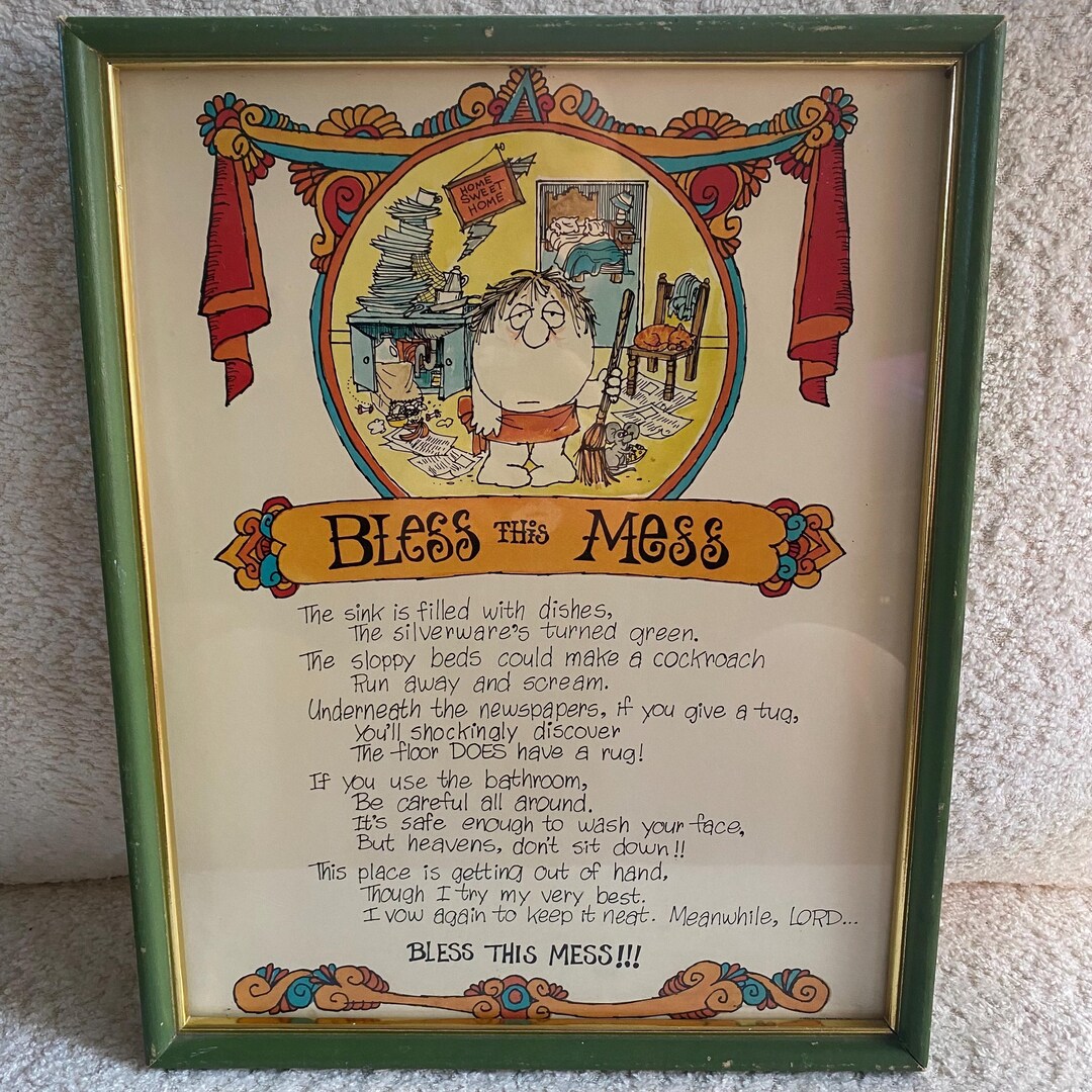 Vintage MCM Framed Bless This Mess Wall Art 1976 Wallace Berrie Co. Mid ...
