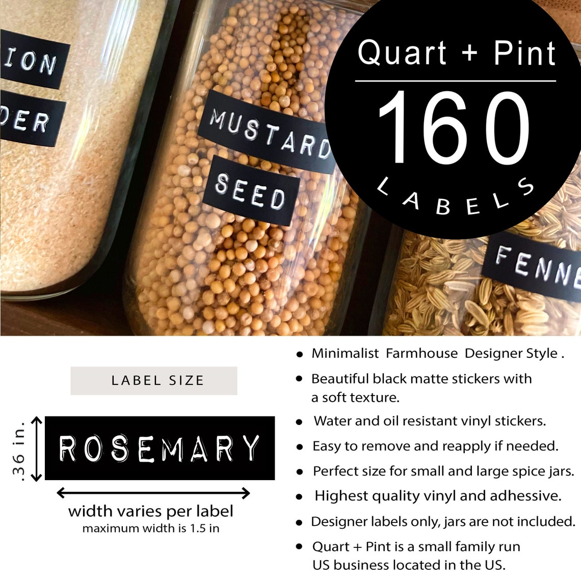 160 Spice Jar Labels: Printed Minimalist Black Matte Vinyl - Etsy