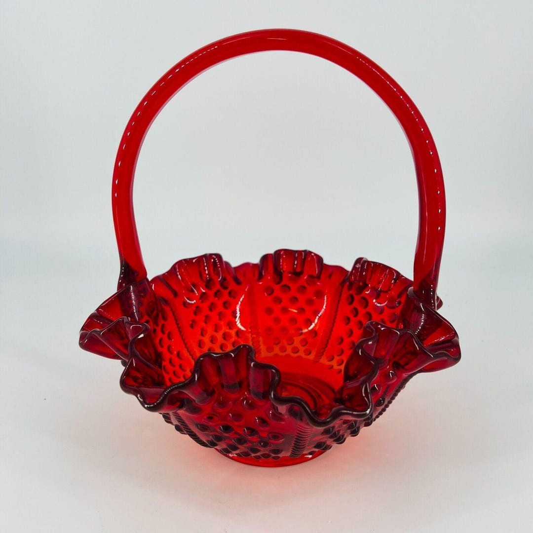 Vintage Fenton Ruby Red Amberina Hobnail Ruffled Basket Large Cadmium ...