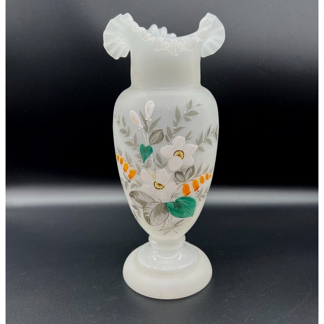 Bristol Satin Glass Vase Hand Painted and Hand Blown Ruffled Top Floral ...