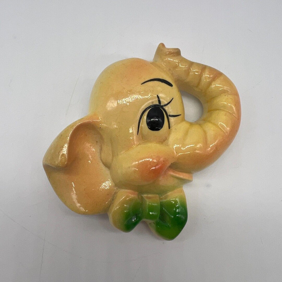 Vintage Chalkware Elephant Head Face Green Bow Tie Kitsch Good Luck ...