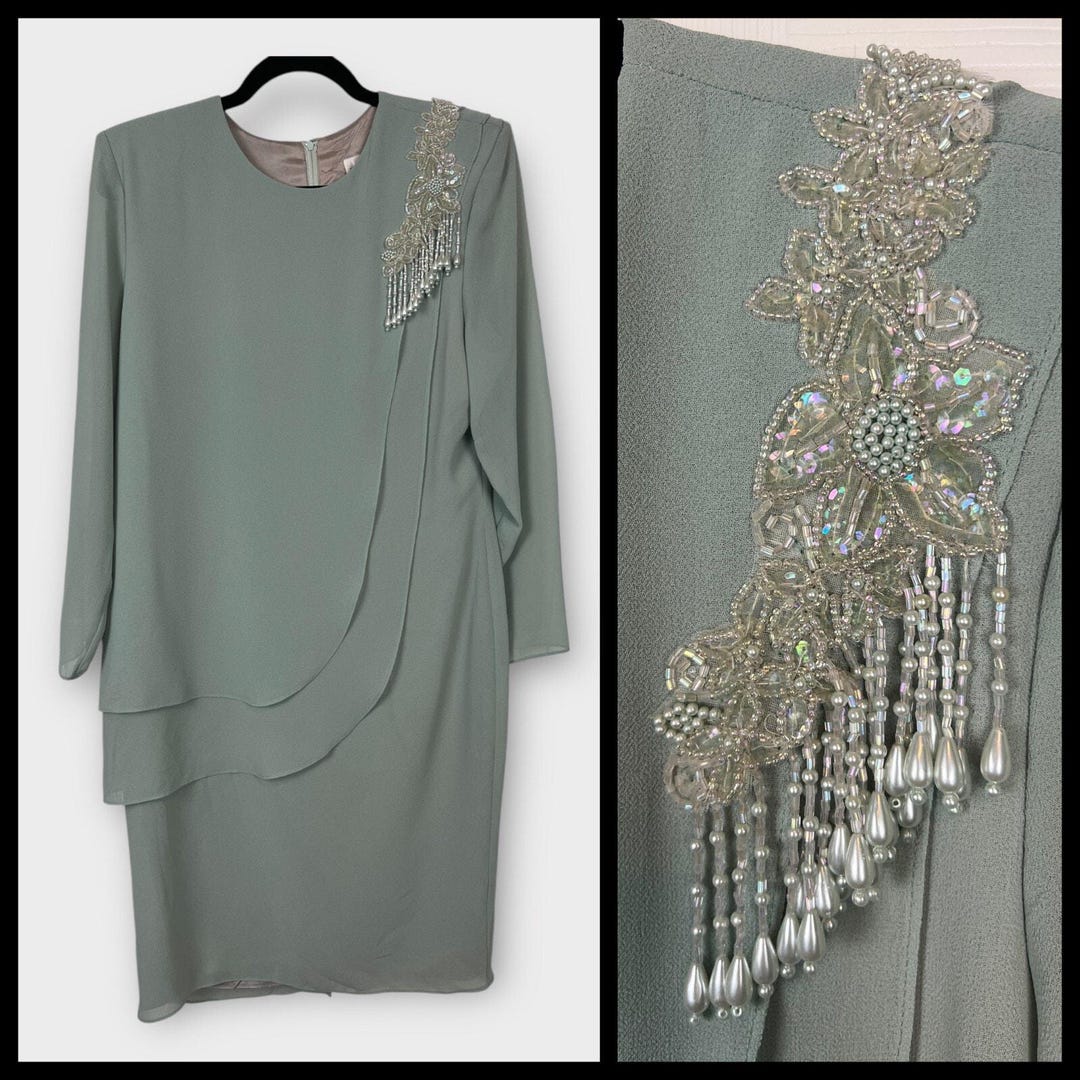 Vintage 80s After Dark Green Gray Shouder Sequin Detail Chiffon Dress 9 ...