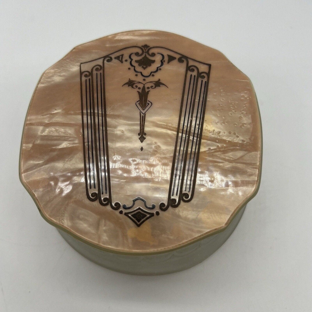 Vintage Art Deco Vanity Powder Jar Celluloid Lid Pink White Satin Glass ...