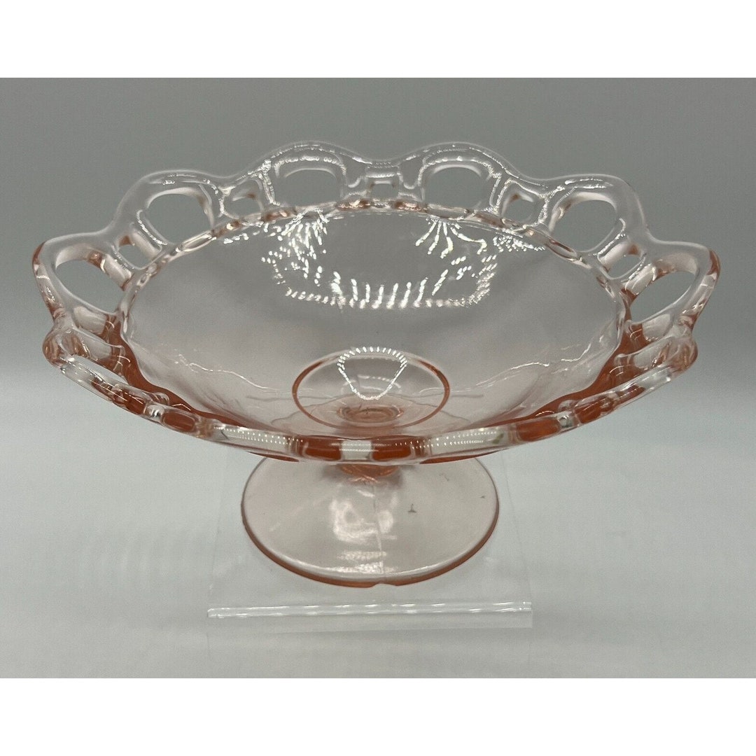 Vintage Open Lace Edge Pink Glass Pedestal Bowl Nut Candy Bowl Compote ...