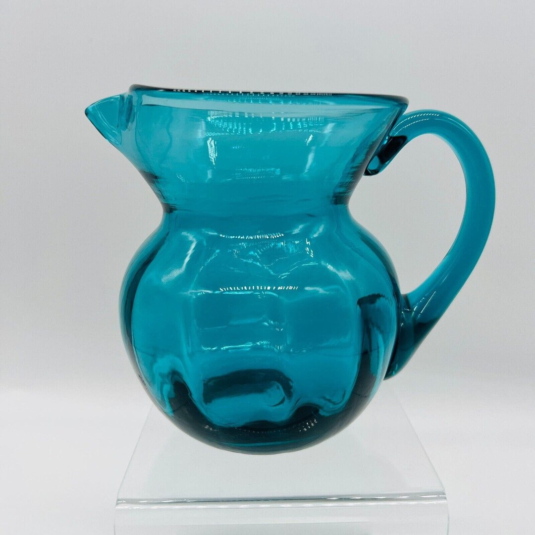 MCM Art Glass Pitcher Hand Blown Ribbed Optic Applied Handle Teal Blue ...