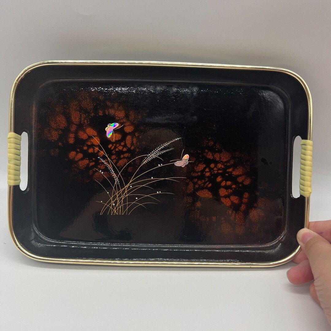 Vintage Japan Small Black Lacquerware Serving Tray Wheat Butterfly ...