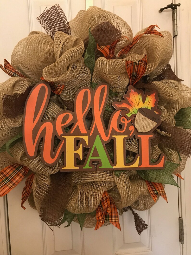 Burlap Fall Hello Fall Wreath leaves acorn | Etsy