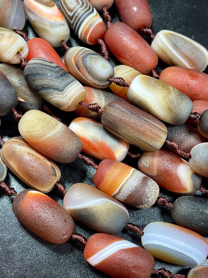 Natural Matte Botswana Agate Gemstone Bead . 13x25mm Barrel Shape Bead. Gorgeous Natural Brown ...