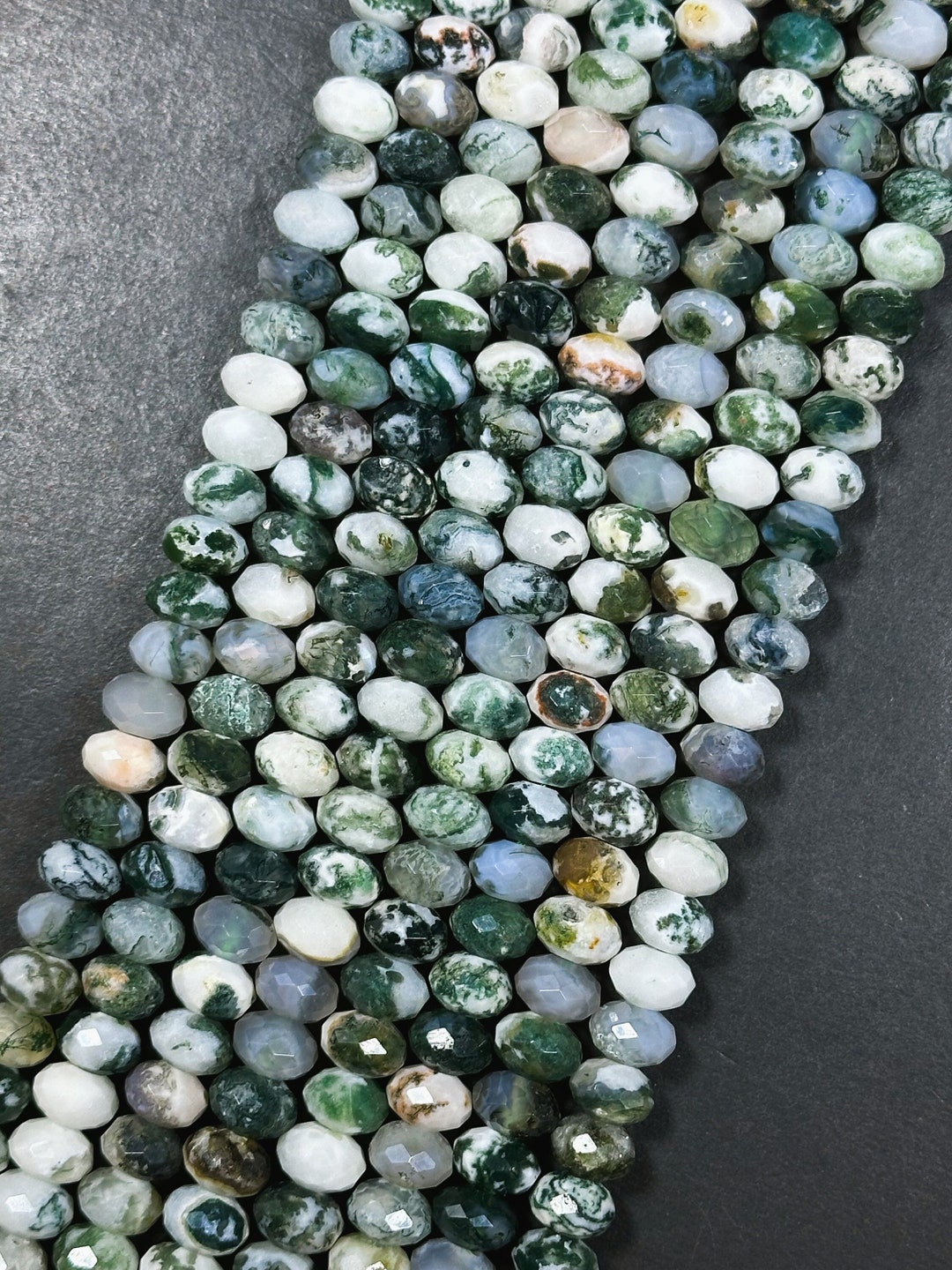 Natural Green Moss Agate Gemstone Bead Faceted Rondelle Shape Beads, Gorgeous Natural White ...