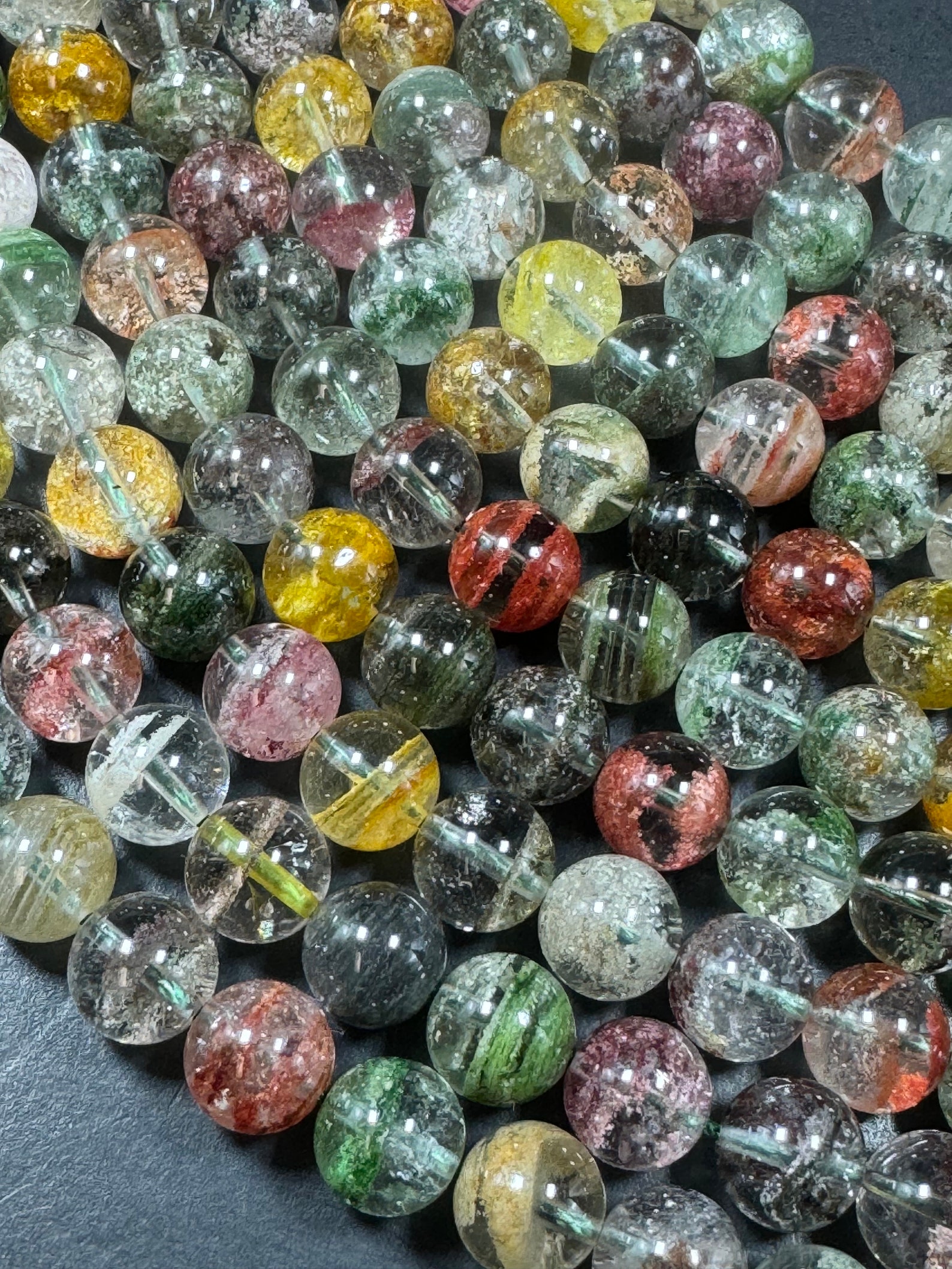 AAA Natural Rutilated Phantom Ghost Crystal Quartz .gemstone Round Bead ...