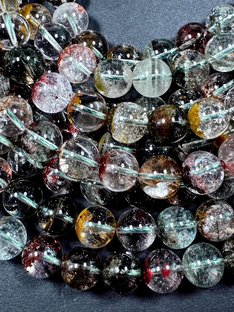 AAA Natural Rutilated PHANTOM Ghost Crystal Quartz Round Bead ...