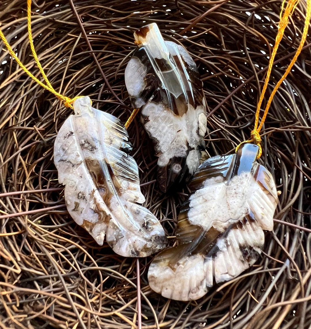 Natural Blossom Flower Agate Gemstone Feather Shape Pendant 24x50mm ...