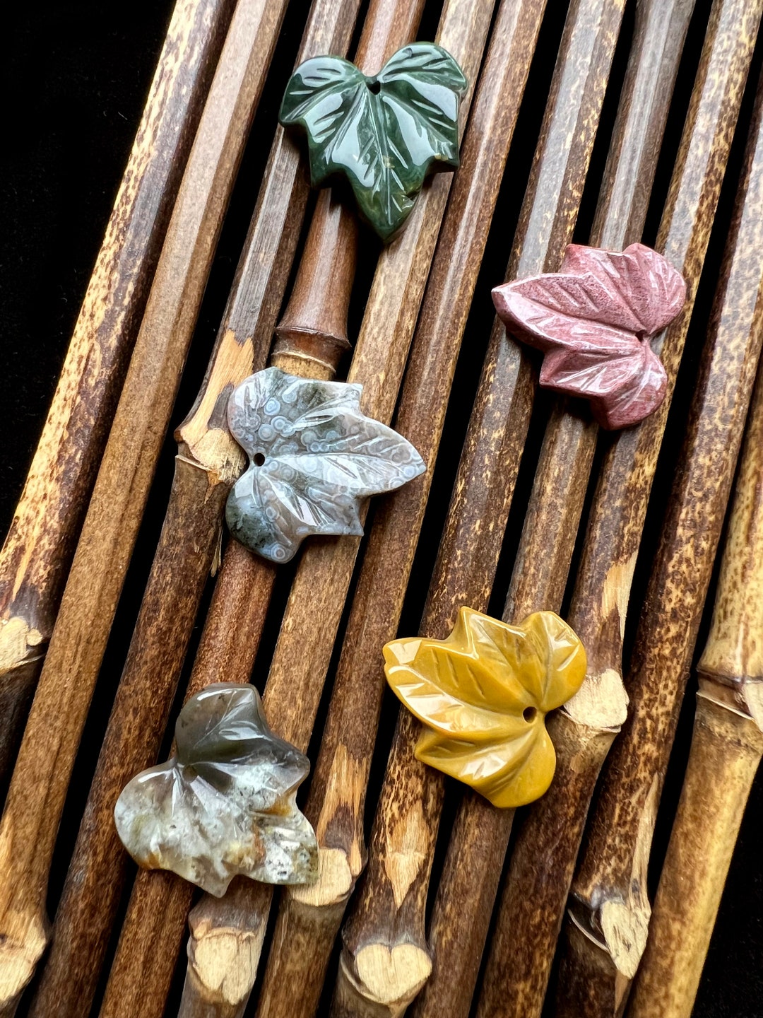 Natural Ocean Jasper Pendant Hand Carved Maple Leaf Shape 24mm Gorgeous ...