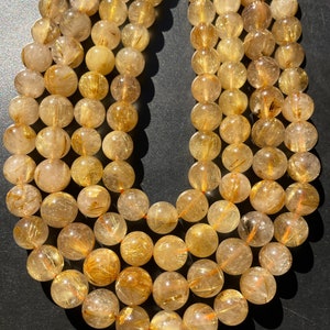 AA+ Guide Natural Gold Rutilated Quartz. Round Bead . Natural Golden ...