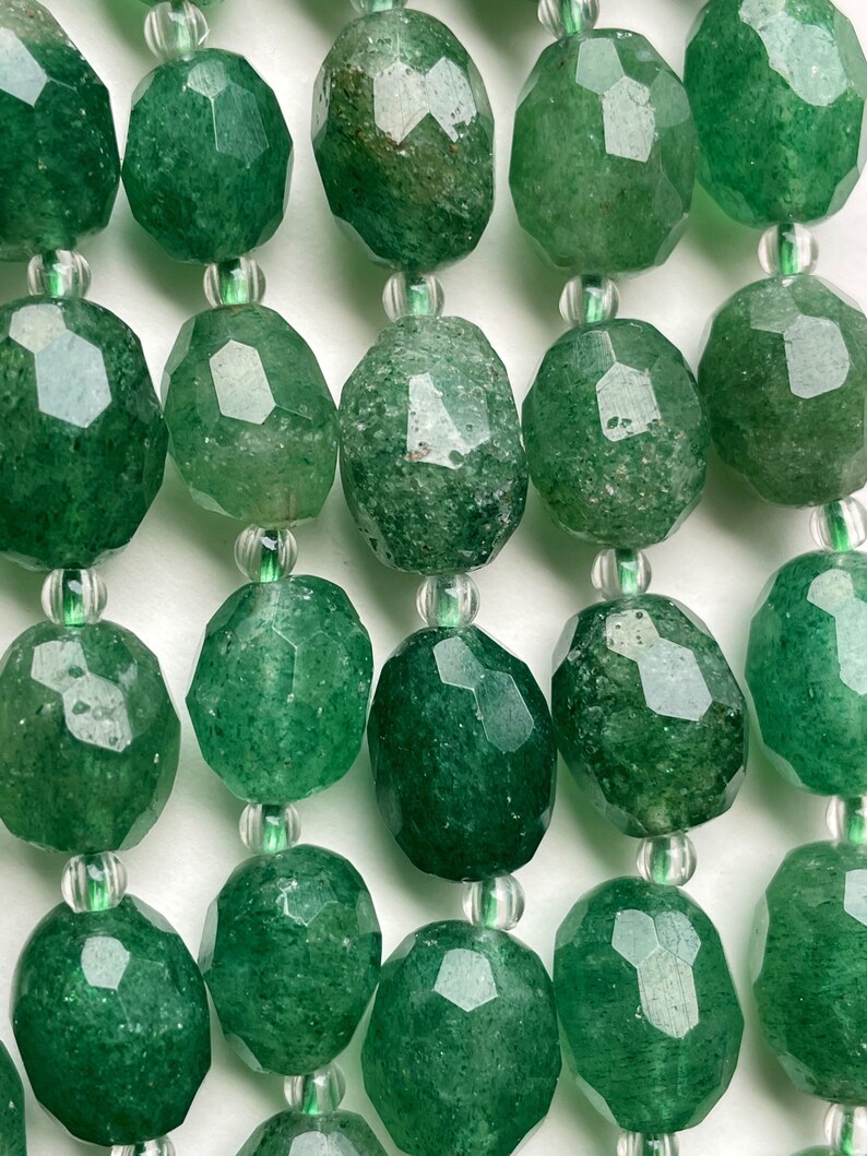 Natural Green Strawberry Quartz Stone Bead. Faceted 10x12mm Barrel ...