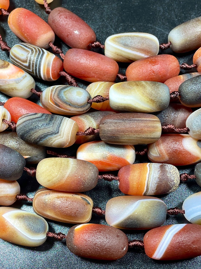 Natural Matte Botswana Agate Gemstone Bead . 13x25mm Barrel Shape Bead. Gorgeous Natural Brown ...