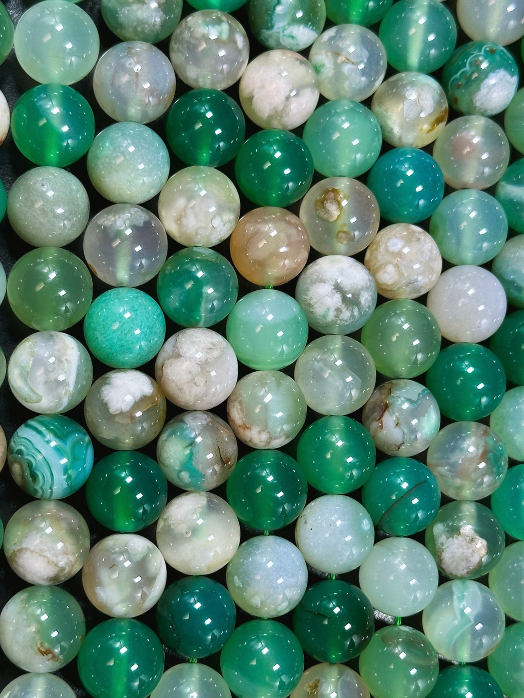 AAA Natural Green Cherry Blossom Agate 10mm Round Beads, Beautiful ...
