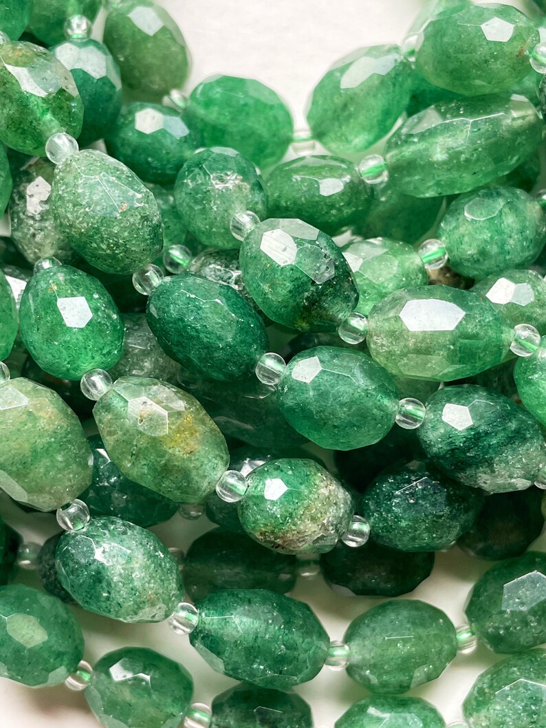 Natural Green Strawberry Quartz Stone Bead. Faceted 10x12mm Barrel ...