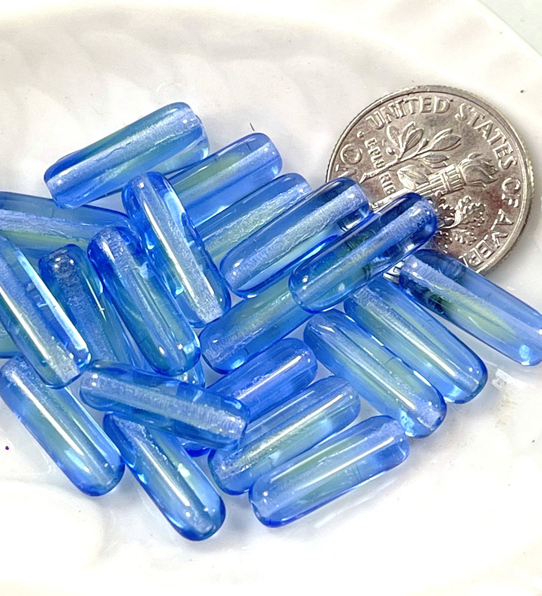 Long Tube Beads, 14x4mm, Blue W/glossy AB Finish, Czech Glass Tube ...