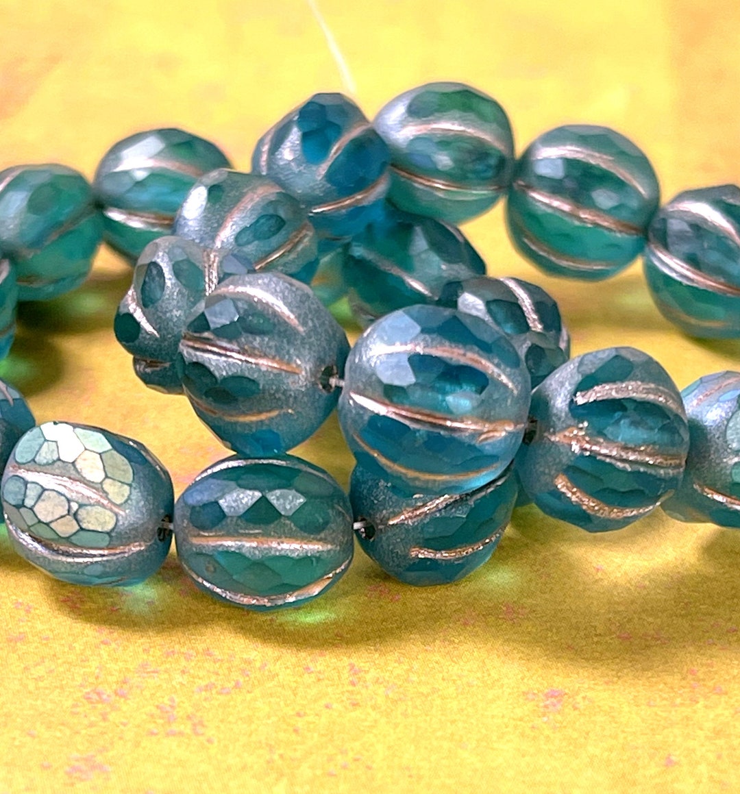 Faceted 10mm. Melon Beads, Transparent Turquoise Glass W/matte and AB ...