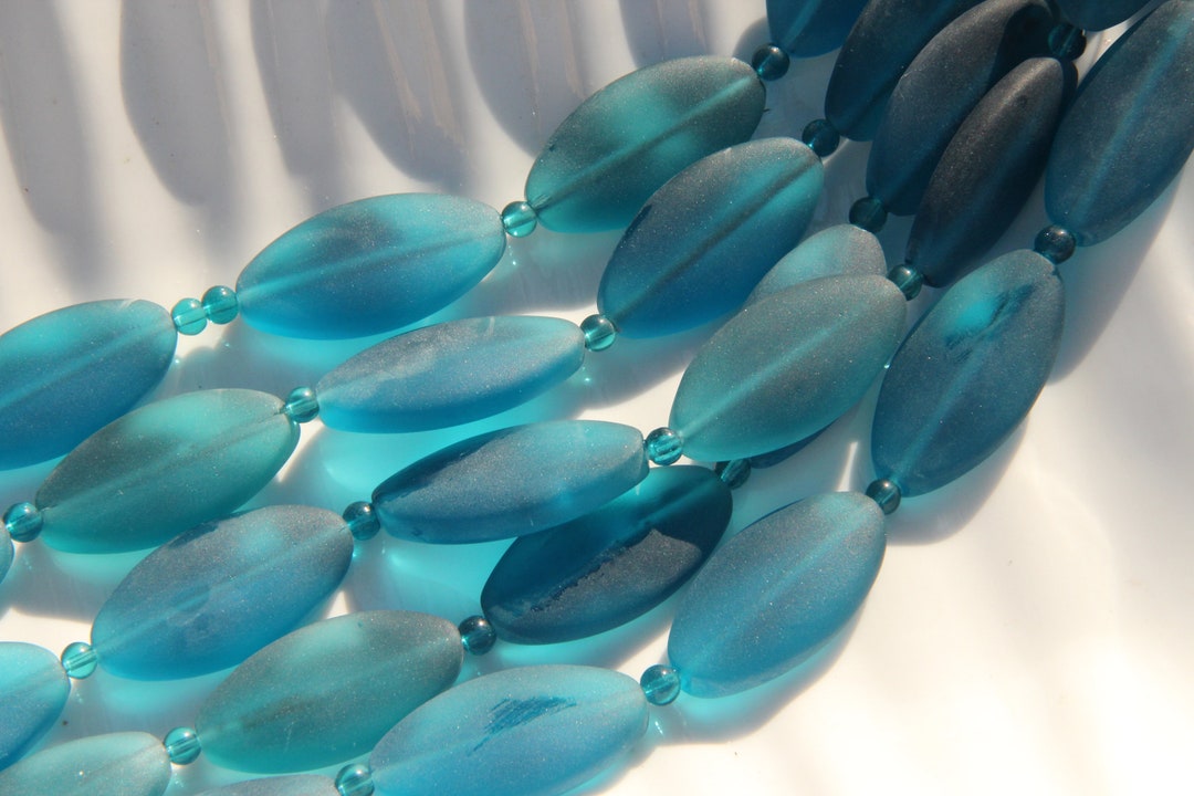 Large Oval Puffed Beads, 35x18mm, Teal, Blue, Frosted Matte Sea Glass ...