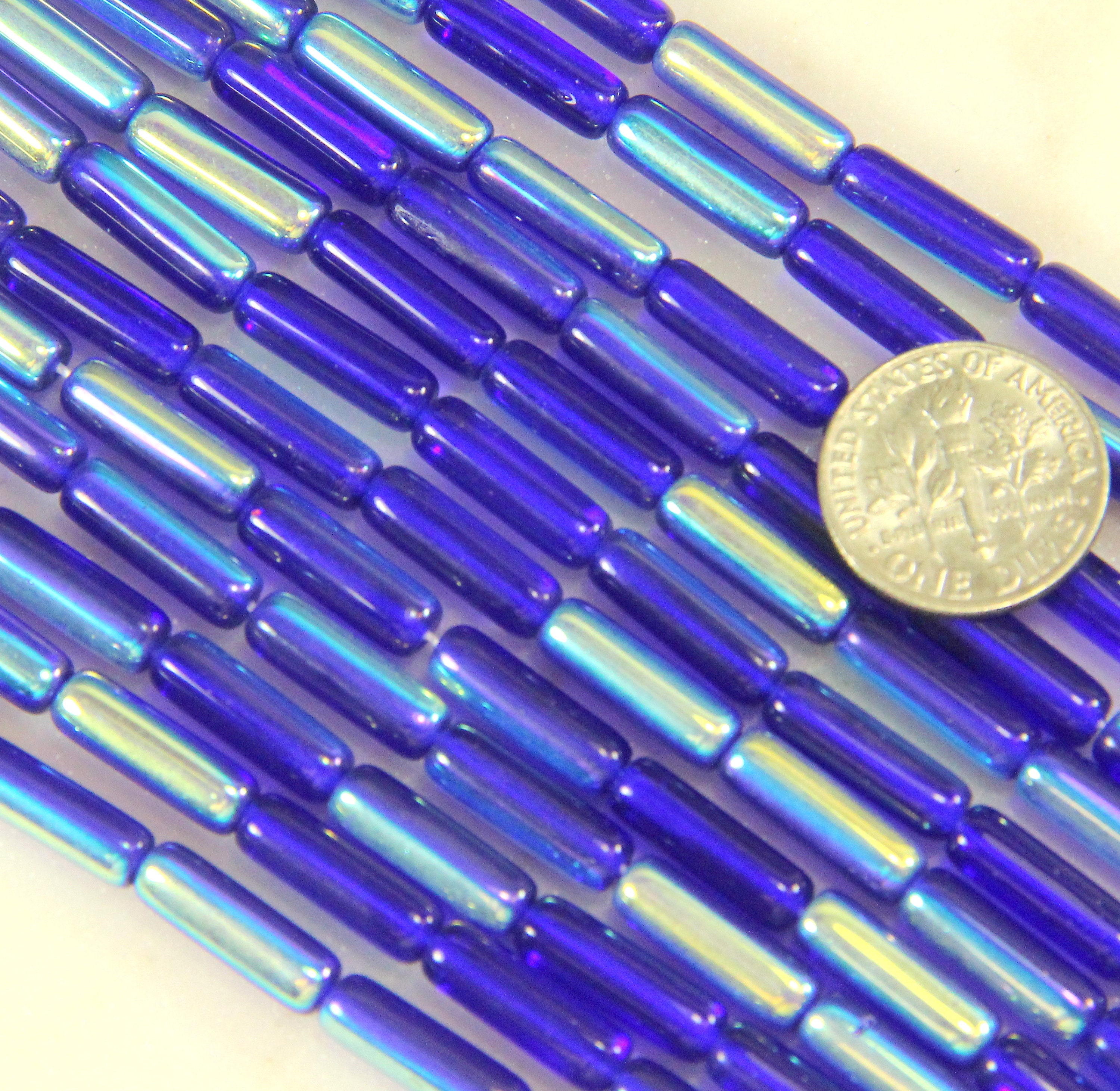 Long Tube Beads 14x4mm Cobalt Blue W Ab Finish Czech Glass Etsy