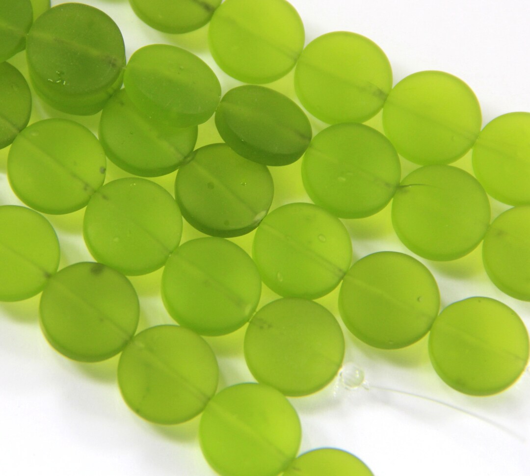 Puffed Coin Beads, 12mm., Cultured Beach Sea Glass Coin Beads, Olive ...