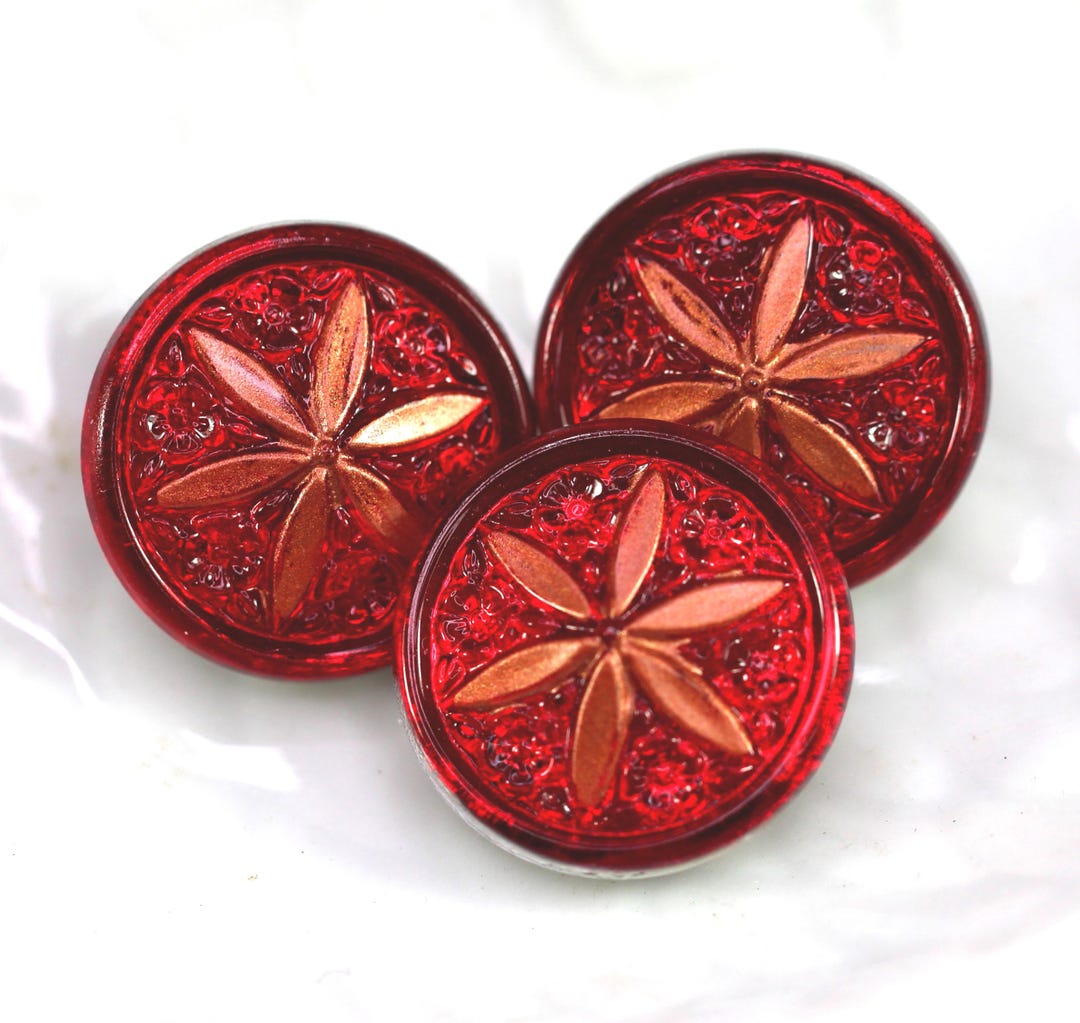 18mm Spiral Flower Button, Ruby Red With Copper, Czech Glass Hand Made ...