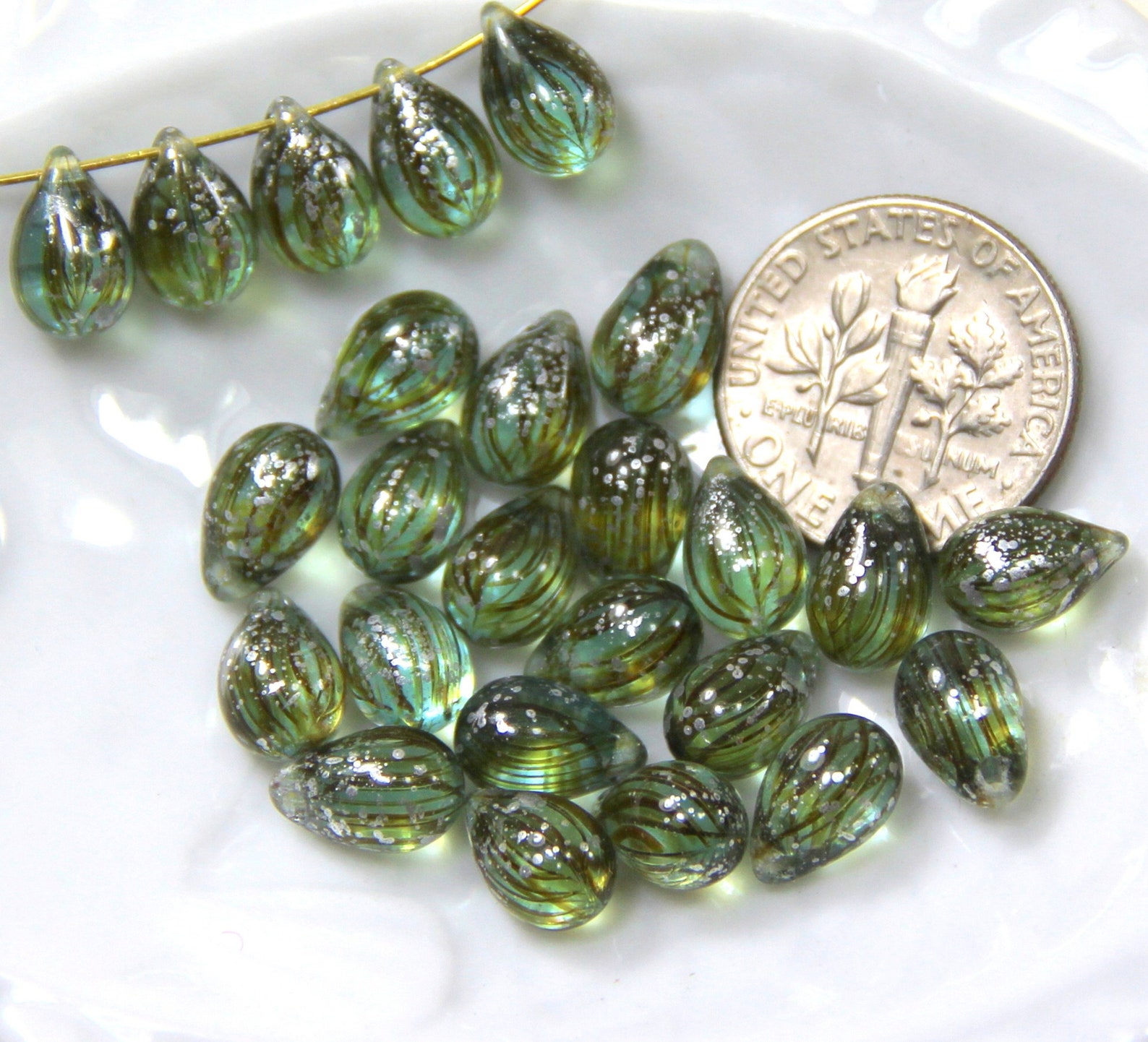 Tear Drop Shaped Beads 6 x 9 mm Jade Green and Yellow Gold | Etsy