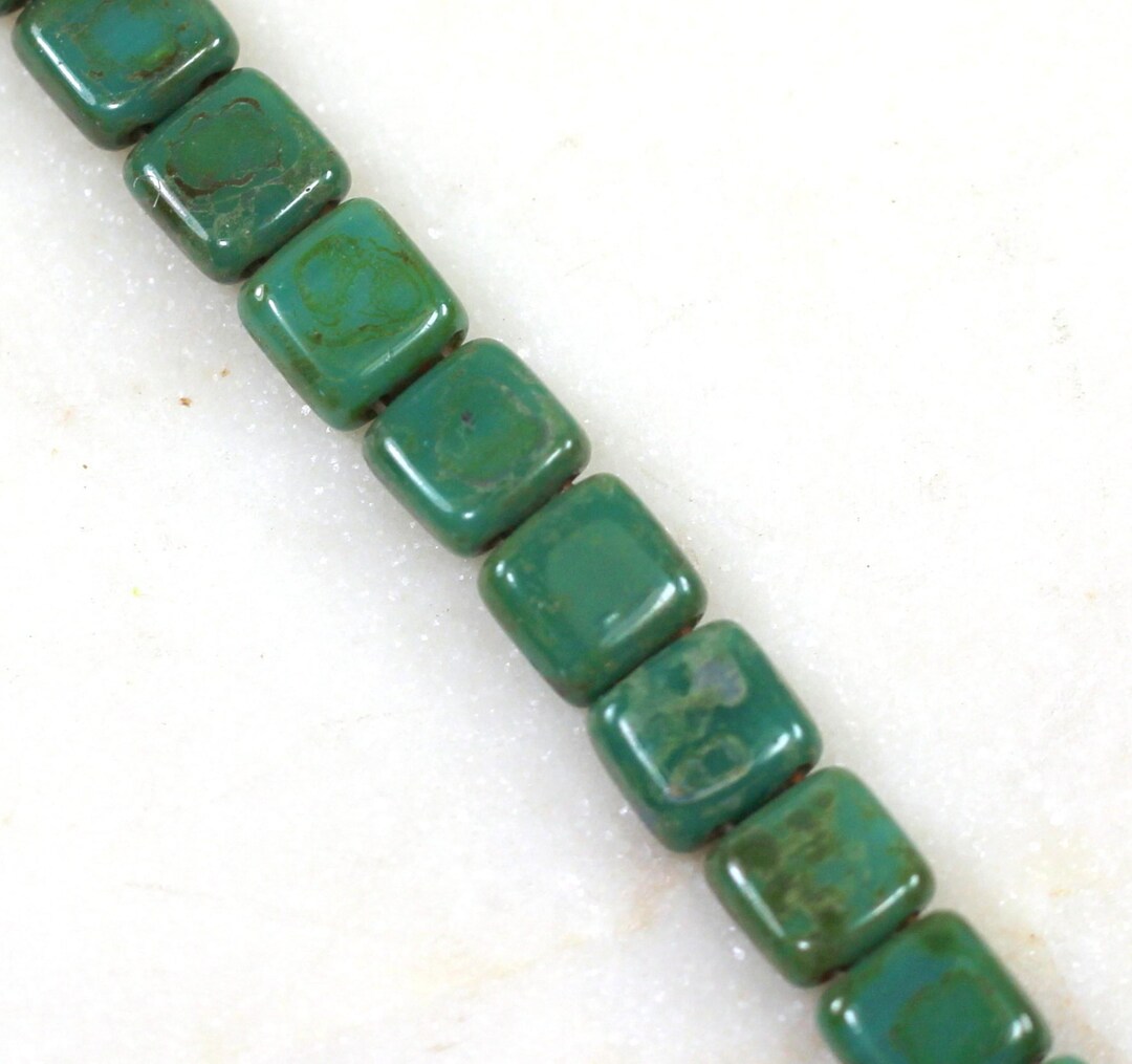 2 Hole Square Tile Beads, 6 Mm, Glass Tile Beads, Persian Green W ...
