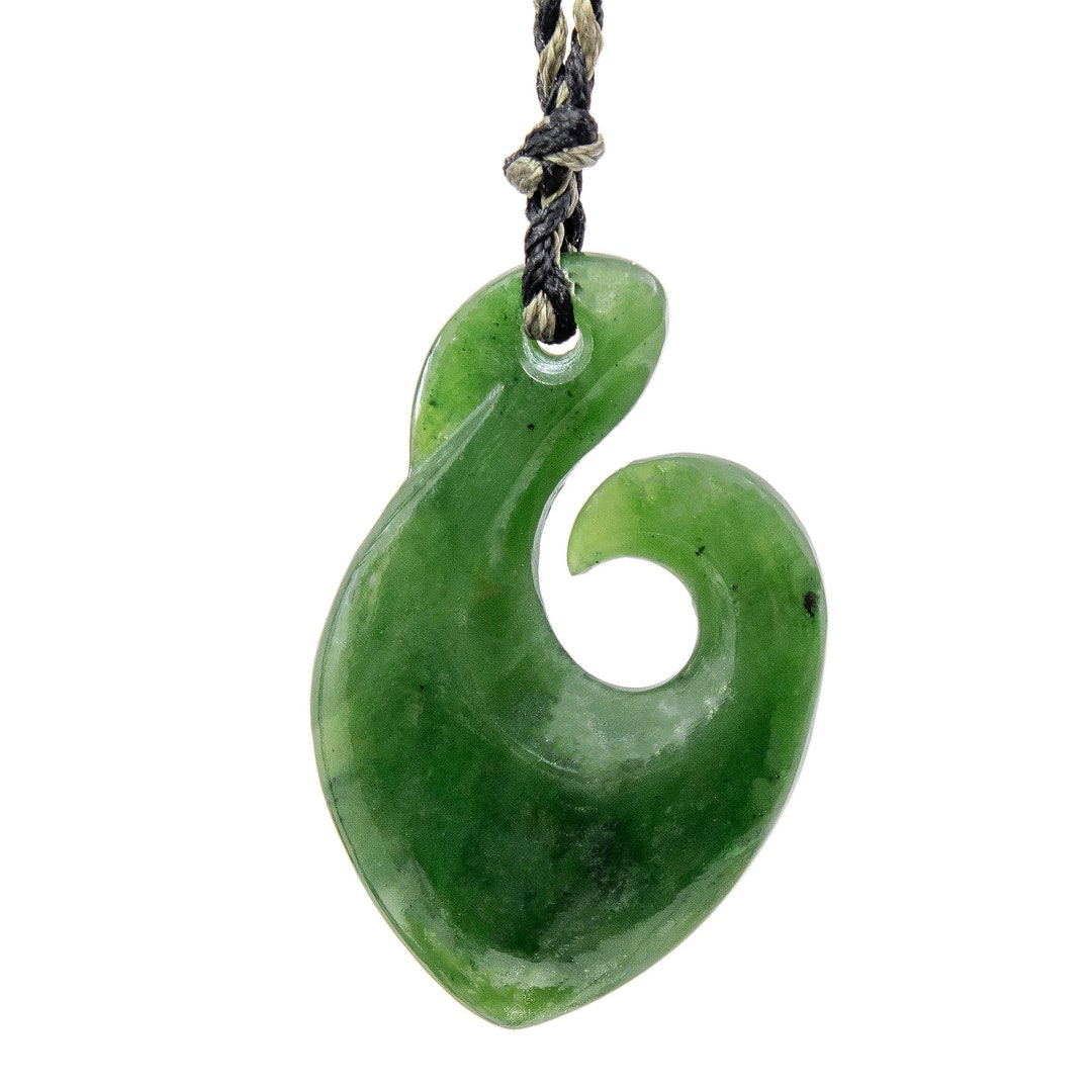 Hand Carved Greenstone Jade Fish Hook Necklace: Maori Good Luck Charm ...