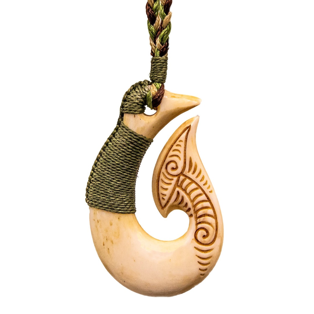 Hand Carved Master Carver Aged Bone Fish Hook Necklace With Specialty ...