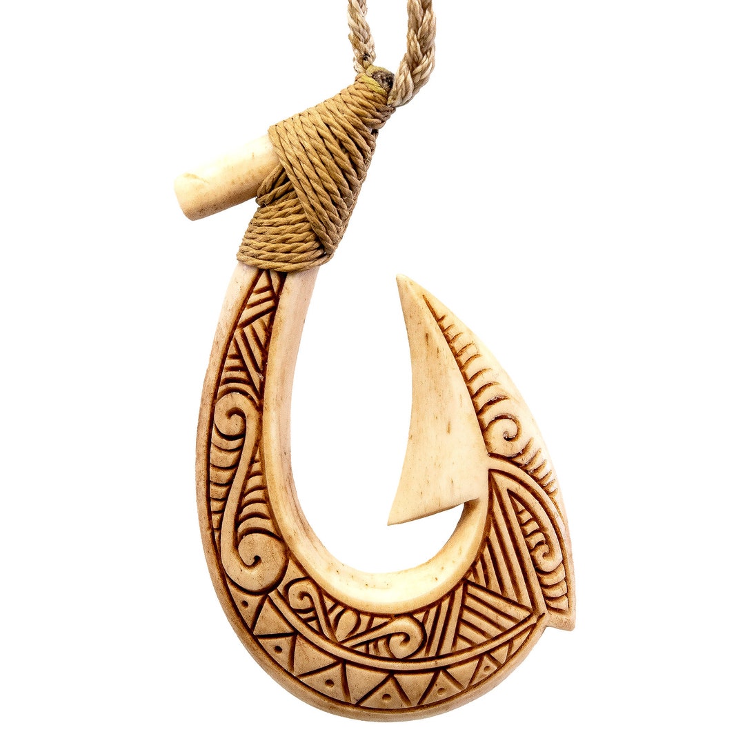 Hawaiian Inspired Scrimshaw Bone Fish Hook Pendant - Large Size - Hand ...