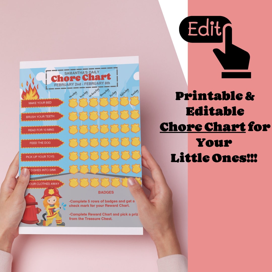 Printable Chore Chart, Behavior Chart, Editable PDF, Firefighter, for ...