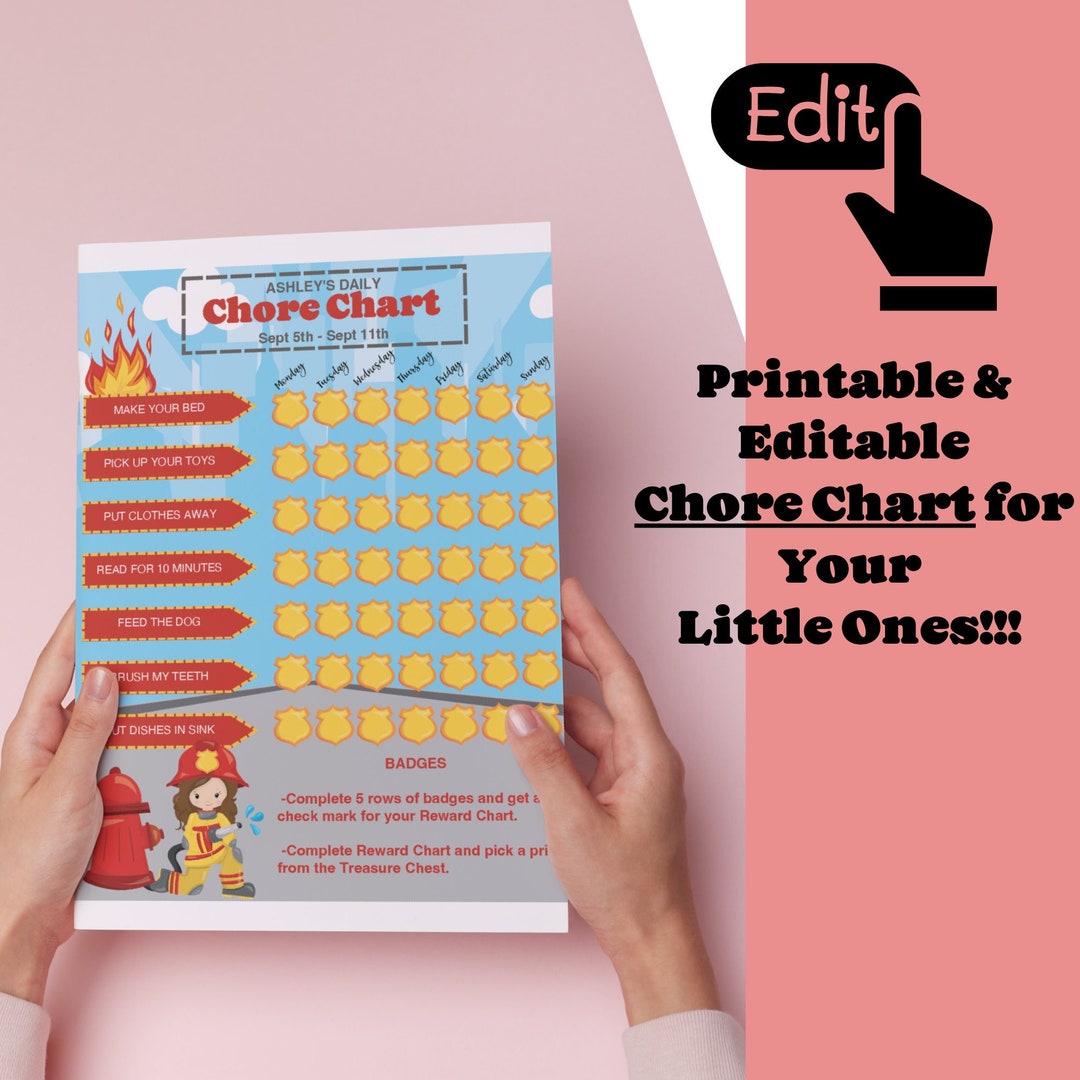 Printable Chore Chart, Behavior Chart, Editable PDF, Firefighter, for ...